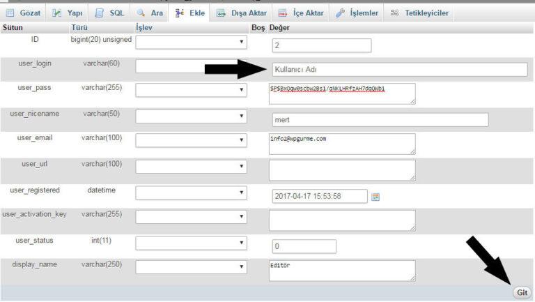 WordPress Yönetici Hesabını PhpMyAdmin ve MySQL ile Değiştirin